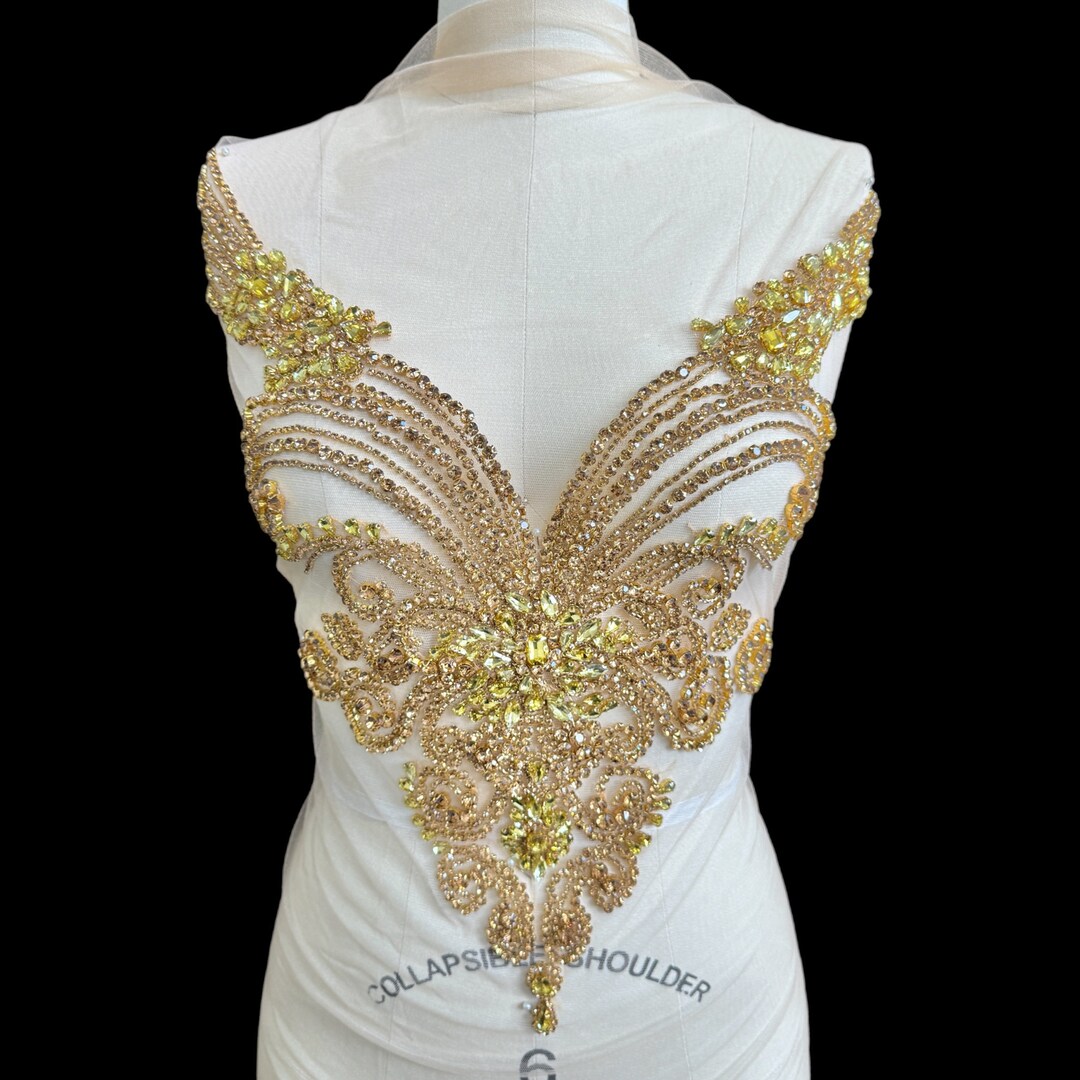 Gold Rhinestone Bodice Applique on Lace Mesh , Rhinestone Beaded ...