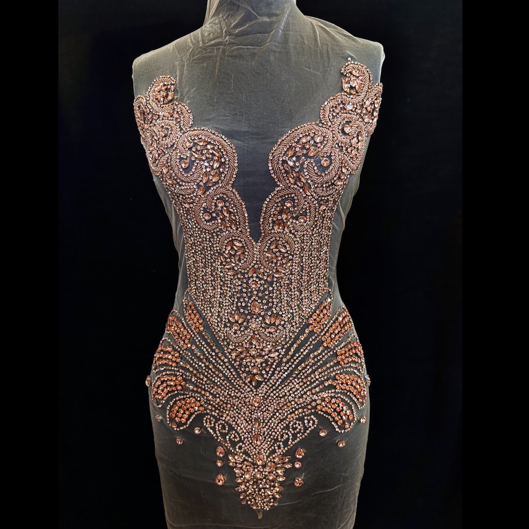 Copper Rhinestone Bodice Applique on Lace Mesh, Rhinestone Beaded ...