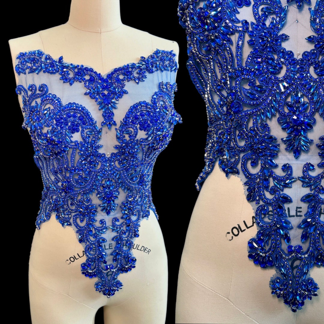 Royal Blue Rhinestones Bodice Applique on Lace Mesh , Rhinestone Beaded ...