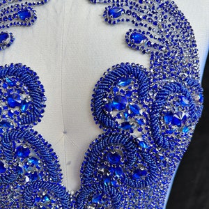 Royal Blue Rhinestones Bodice Applique on Lace Mesh , Rhinestone Beaded ...