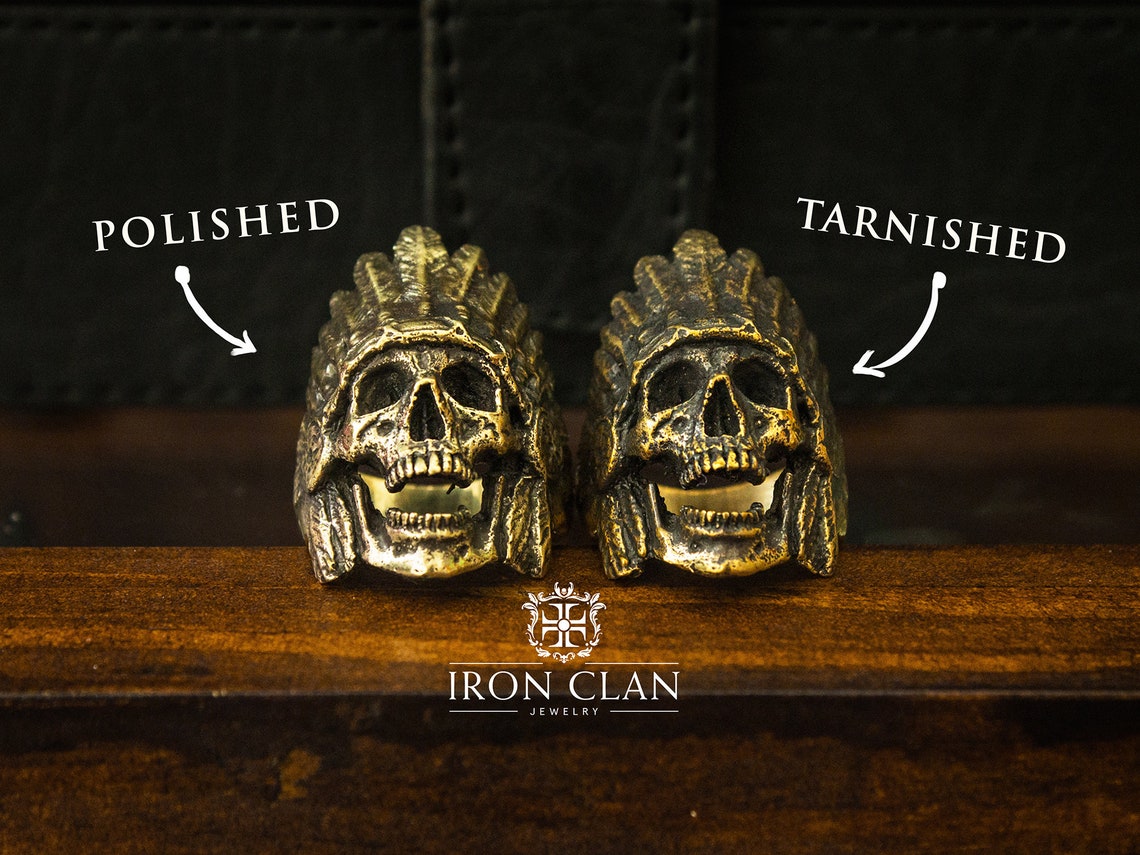 BLACK ELK Gold Brass Ring native Indian Handsculpted Skull | Etsy