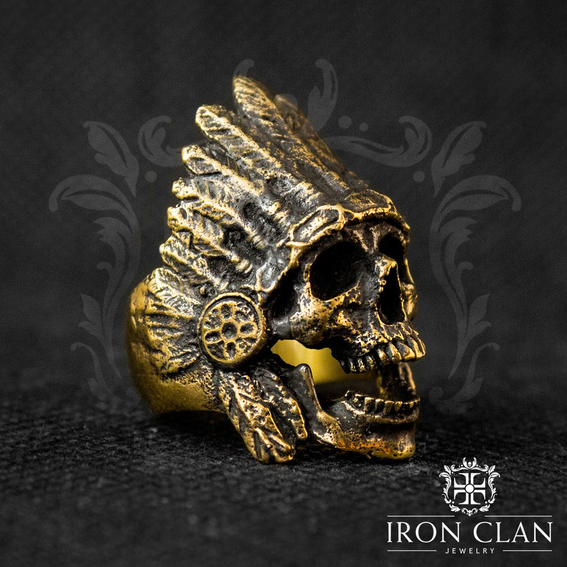 BLACK ELK Gold Brass Ring native Indian Handsculpted Skull | Etsy