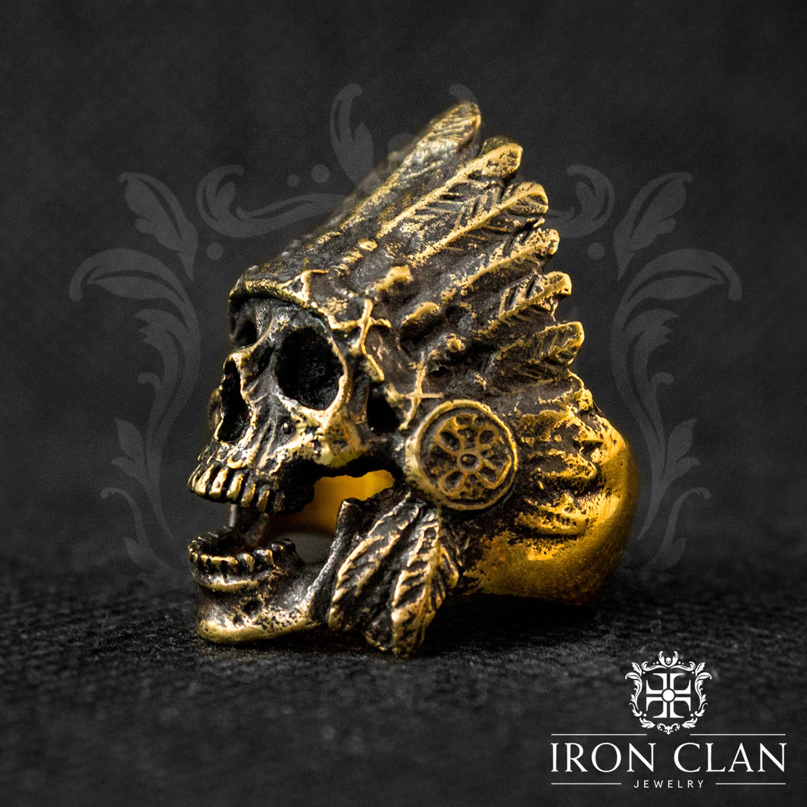 BLACK ELK Gold Brass Ring native Indian Handsculpted Skull | Etsy