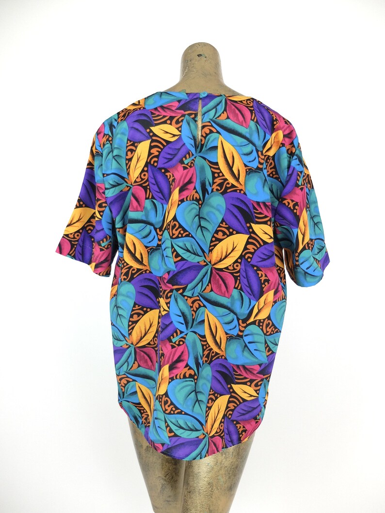Vintage 80s Bohemian Abstract Multicoloured Floral Leaves Scoop Neck ...