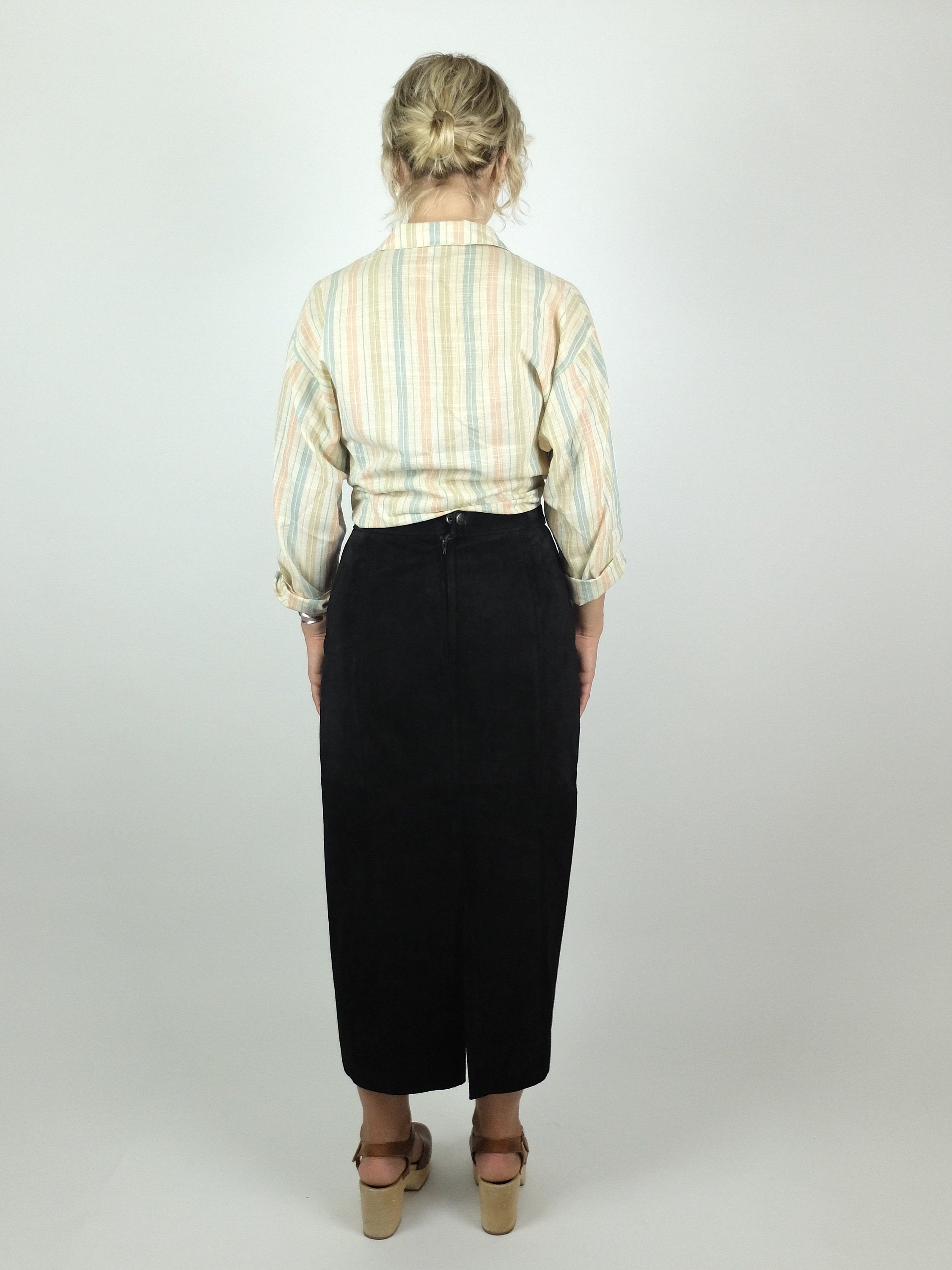 Vintage 70er Boho Hippie Pastell Gestreift Langarm Kragen Button Up