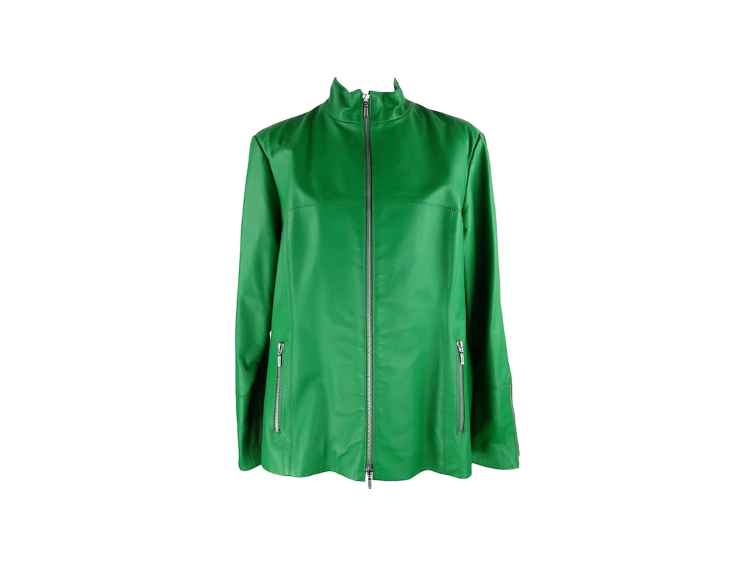 Vintage 2000s Y2K Bright Green High Mockneck Zip up Moto Leather Jacket ...
