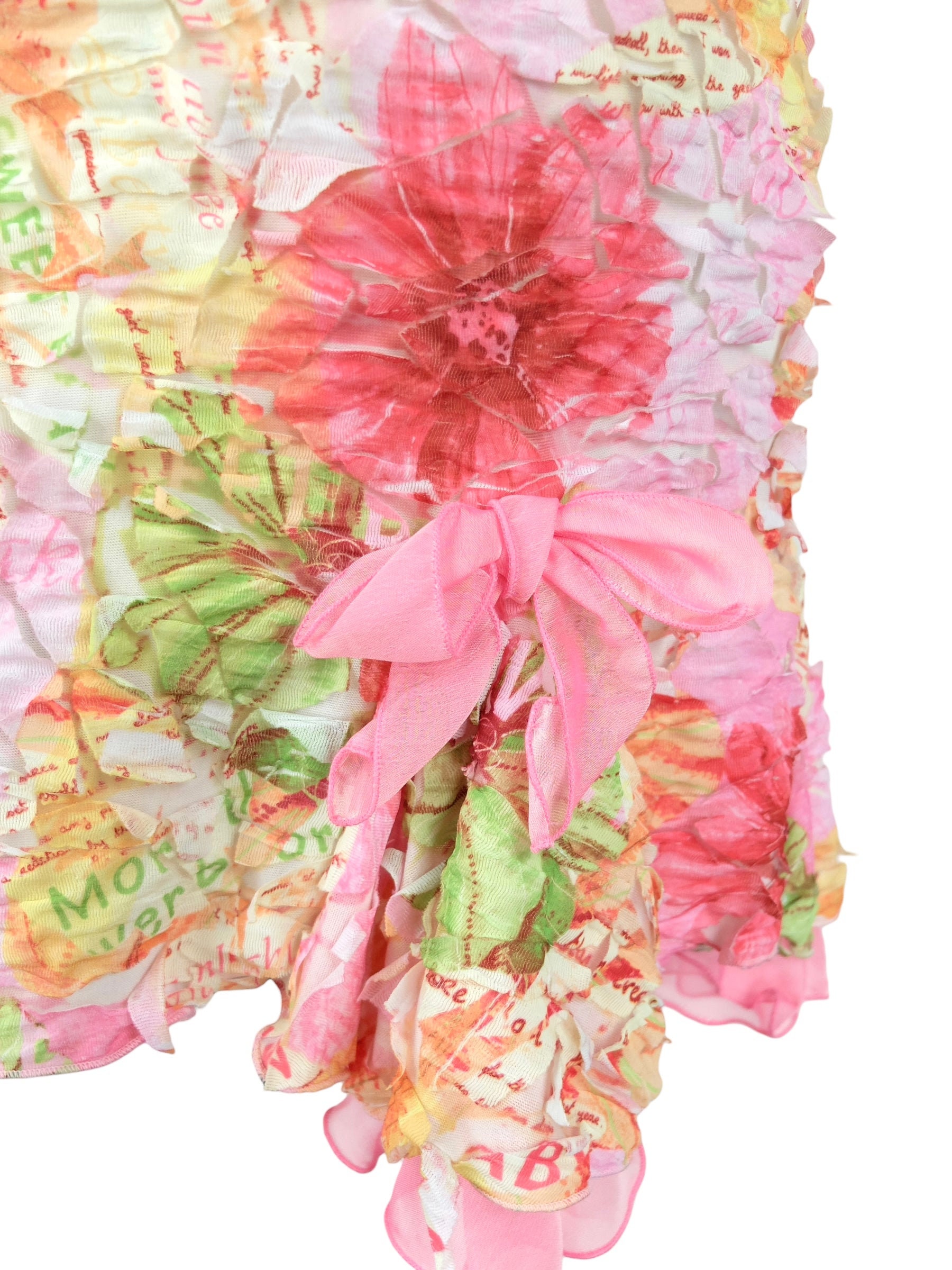 Vintage 2000s Y2K Subversive Preppy Bright Floral Print Crinkle Ruched Asymmetrical Above-the ...