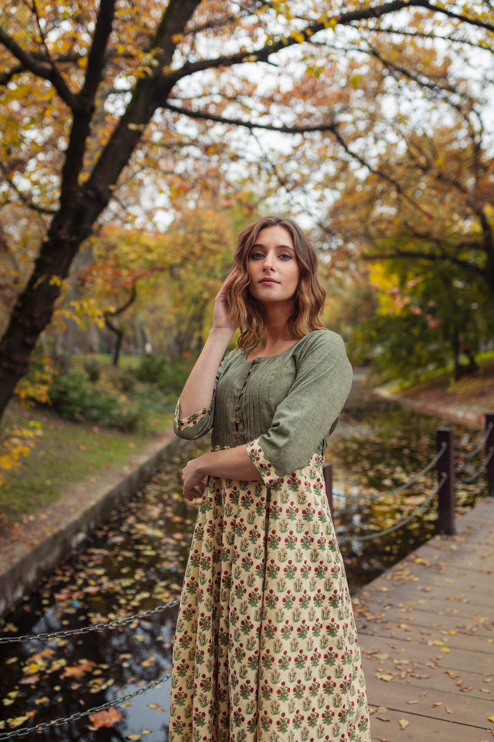 Cathy-dress,calf Length,hand Block Printed,bohemian,floral,green,cream ...