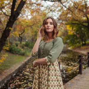 Cathy-dress,calf Length,hand Block Printed,bohemian,floral,green,cream ...