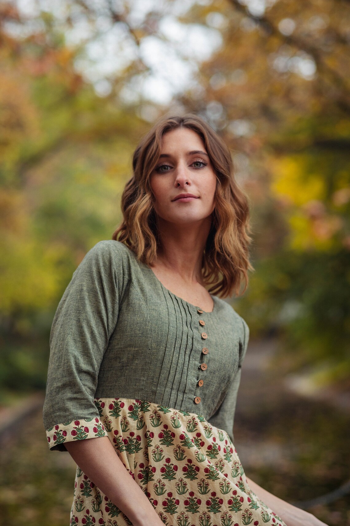 Cathy-dress,calf Length,hand Block Printed,bohemian,floral,green,cream ...