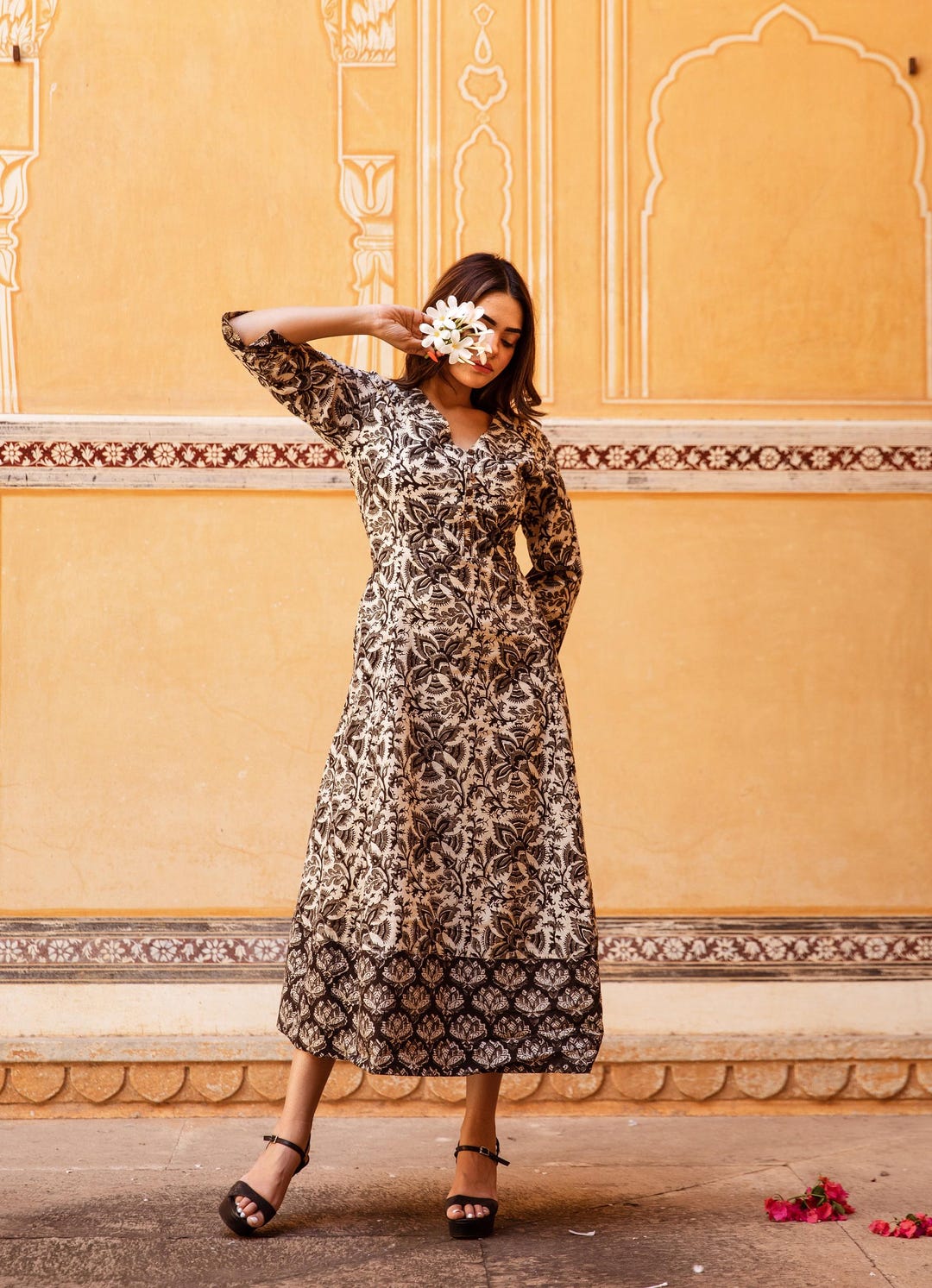 Diya-dress,calf Length,hand Block Printed,bohemian,floral,off White ...