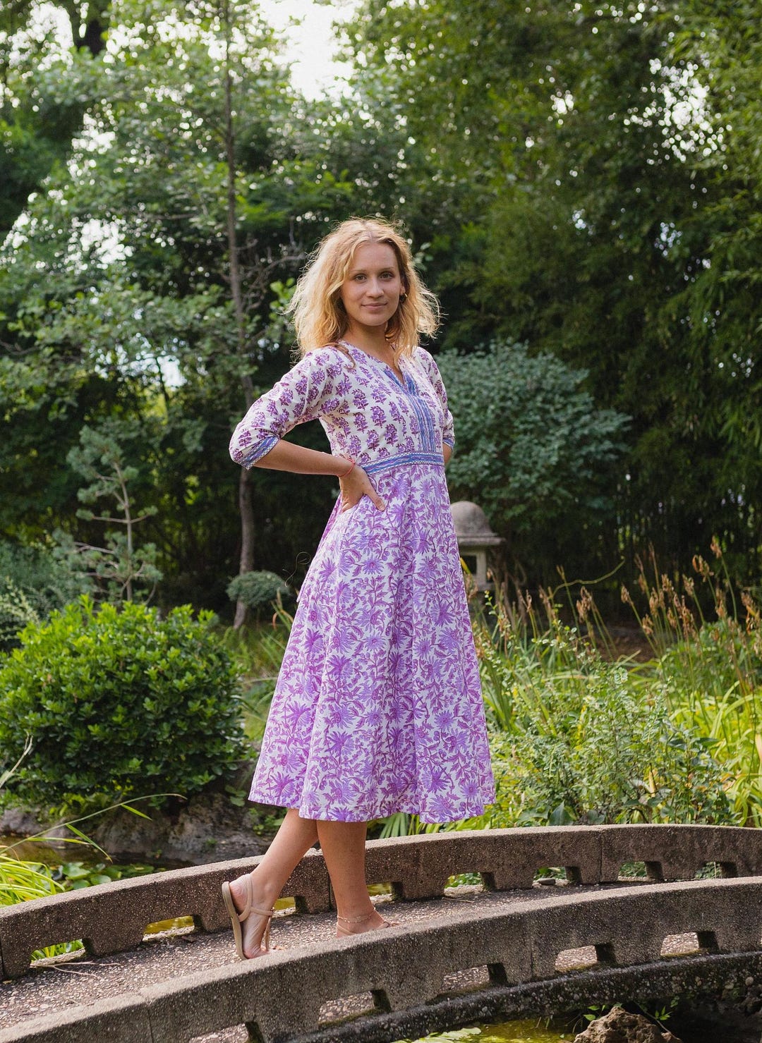 Dalia-dress,calf Length,hand Block Printed,bohemian,floral,white,lilac ...