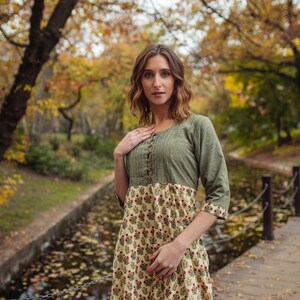 Cathy-dress,calf Length,hand Block Printed,bohemian,floral,green,cream ...