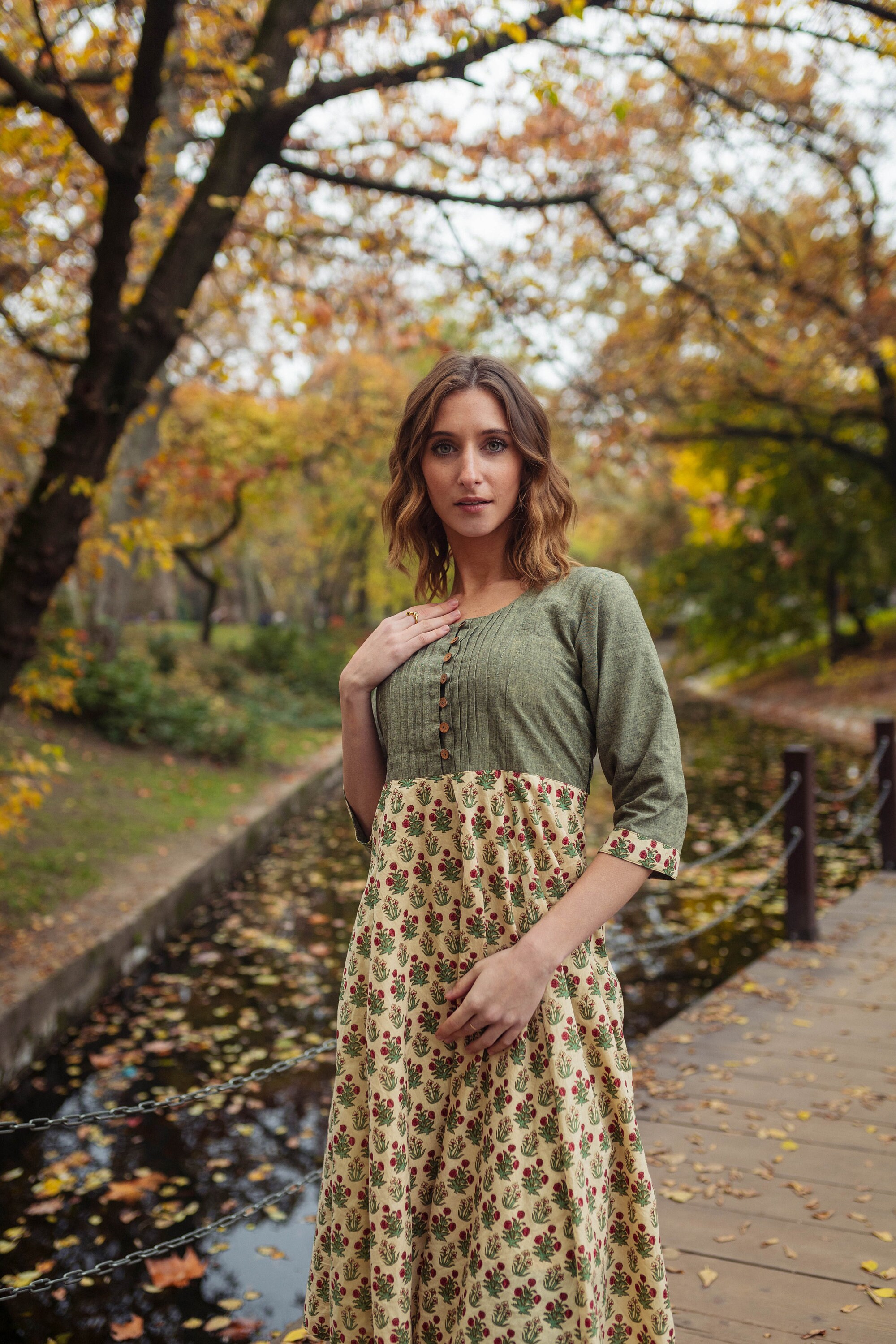 Cathy-dress,calf Length,hand Block Printed,bohemian,floral,green,cream ...