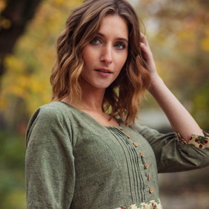 Cathy-dress,calf Length,hand Block Printed,bohemian,floral,green,cream ...