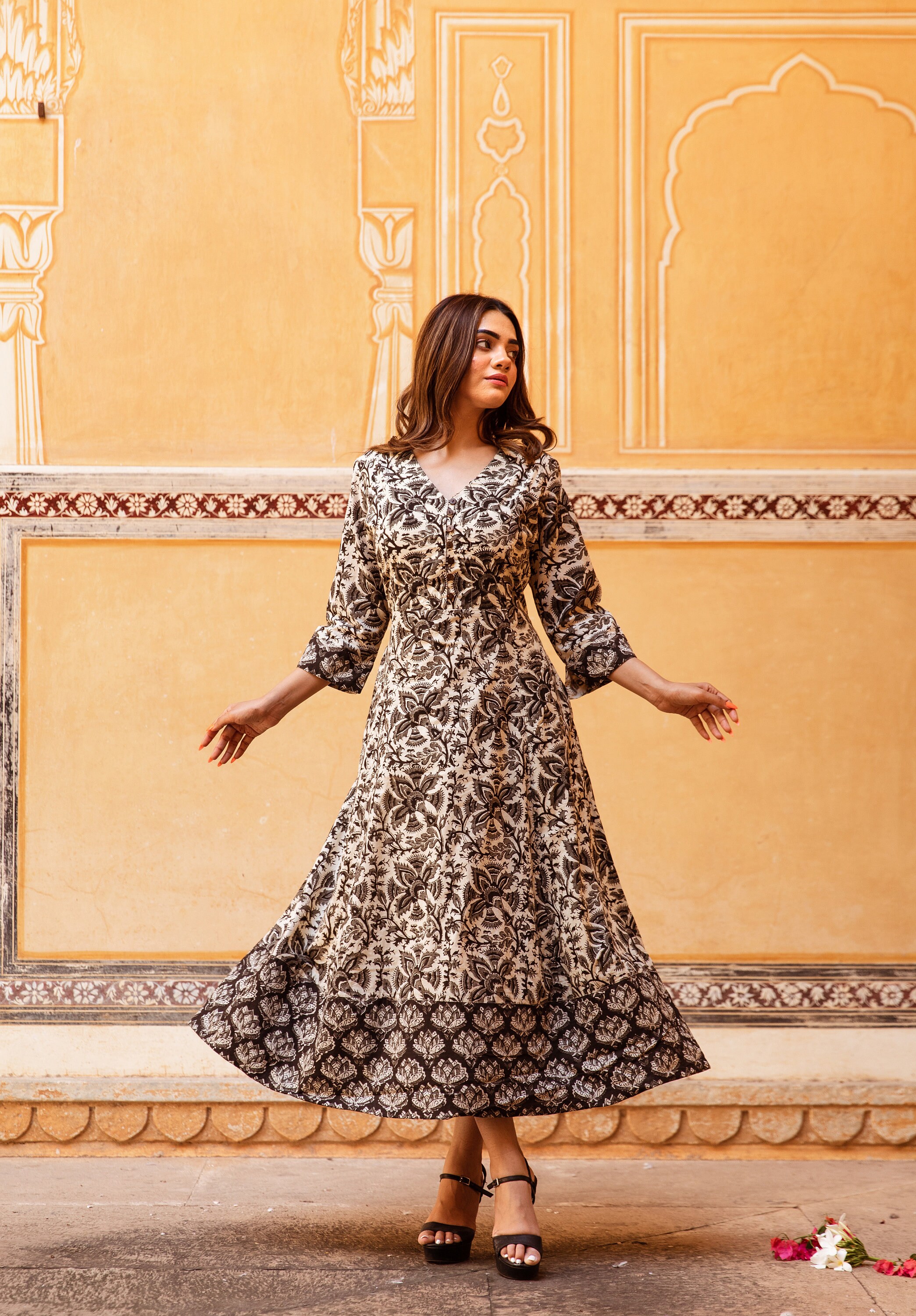 Diya-dress,calf Length,hand Block Printed,bohemian,floral,off White ...