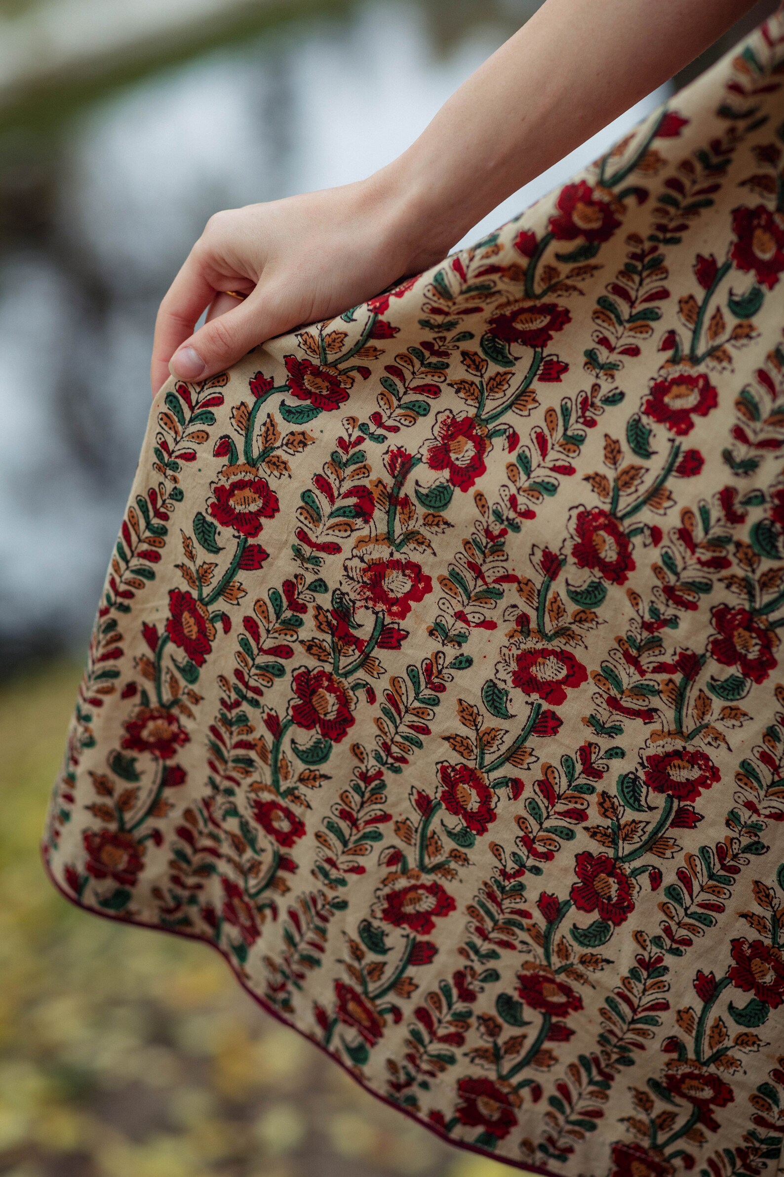 Hazel-dress,calf Length,hand Block Printed,bohemian,floral,green,cream ...