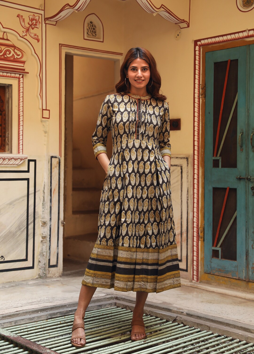 Veda-dress,a-line,calf Length,bohemian,holiday,pure Cotton,hand Block ...