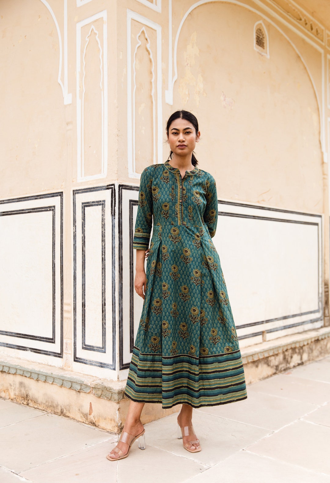 Samah-dress,a-line,calf Length,bohemian,holiday,pure Cotton,hand Block ...