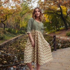Cathy-dress,calf Length,hand Block Printed,bohemian,floral,green,cream ...