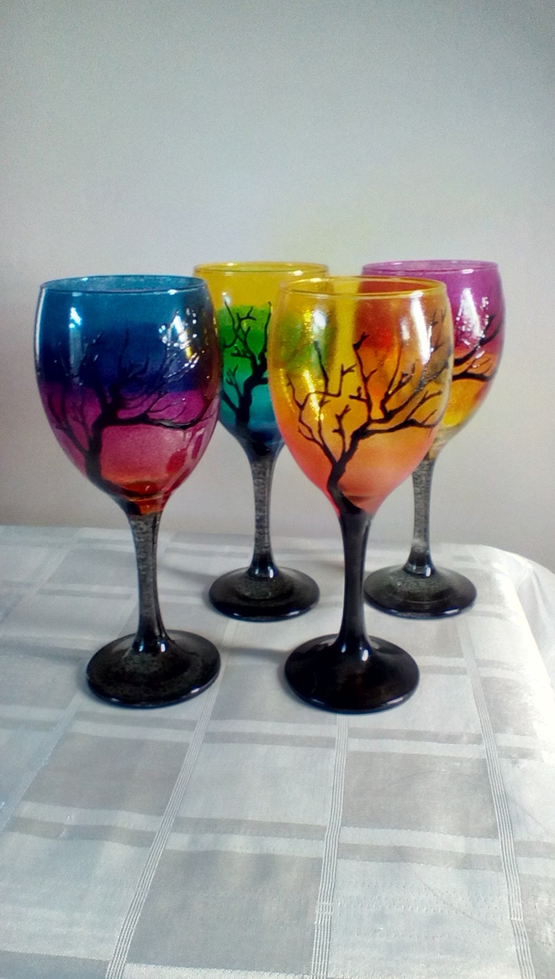 Gothic Style Tree Set of Four Colourful Large Hand Painted Wine Glasses ...