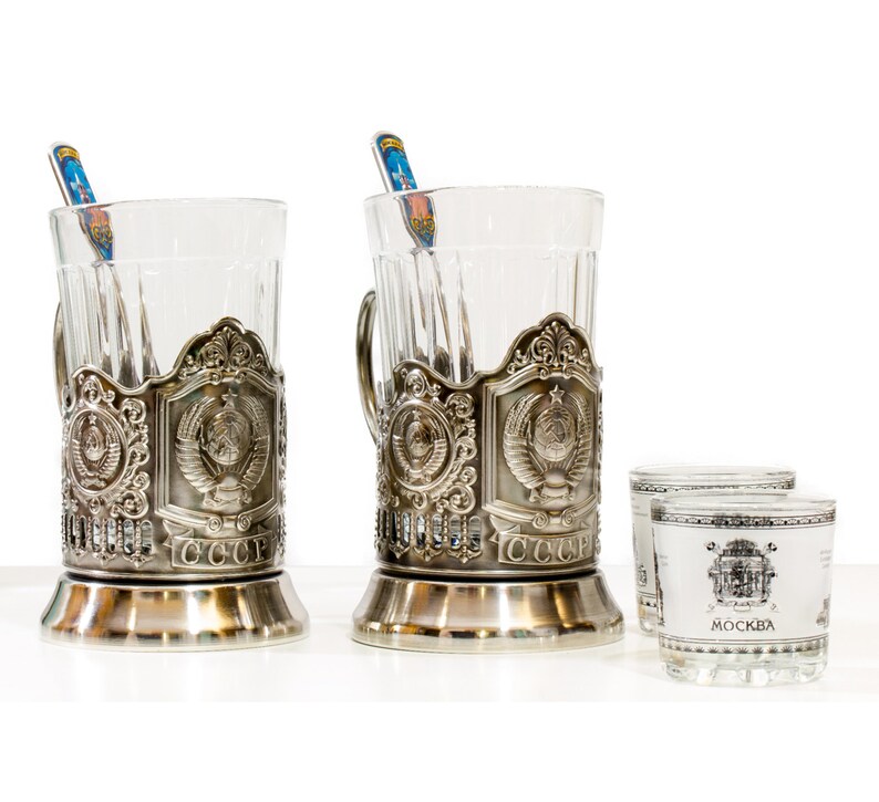 Russian Tea Glass Ware Set 2x Glassholder Glass Decorated Etsy