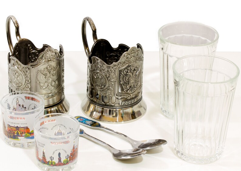 Russian Tea Glass Ware Set 2x Glassholder Glass Decorated Etsy