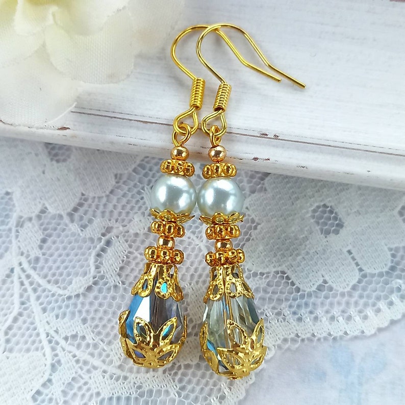 Ice Blue Pearl and Crystal Drop Earrings Pale Blue Vintage - Etsy