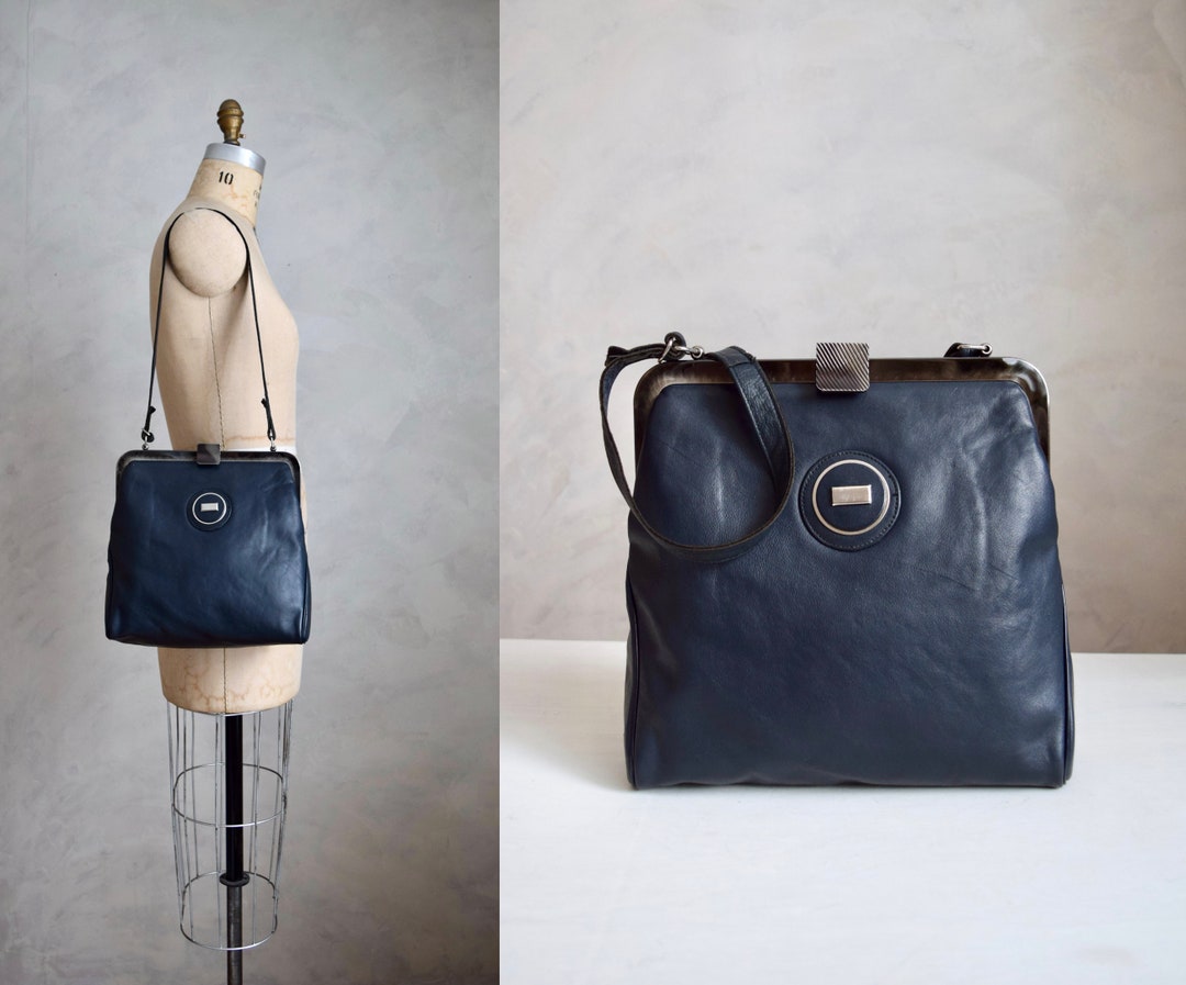 Vintage 1970s Leather Structured Handbag | 60s 70s Navy Blue Leather ...