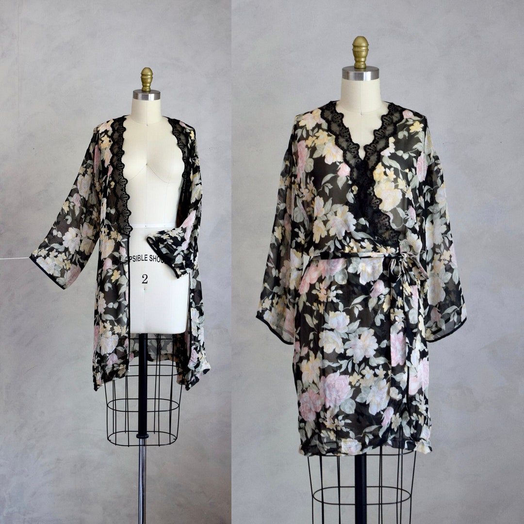 Vintage 1990s Semi-sheer Dark Floral Robe | 90s Vintage Belted Kimono ...