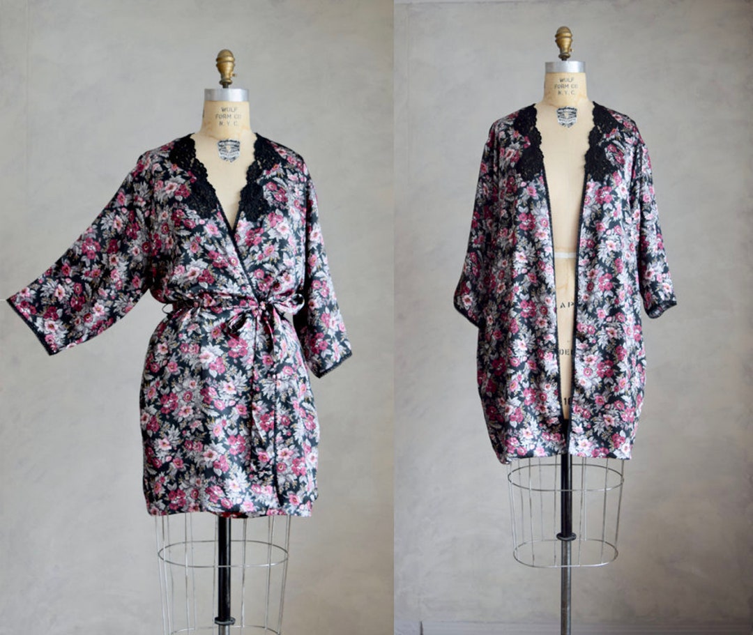 Vintage Floral Satin Robe | Vintage 1990s Linda Kimono Robe | Dark ...