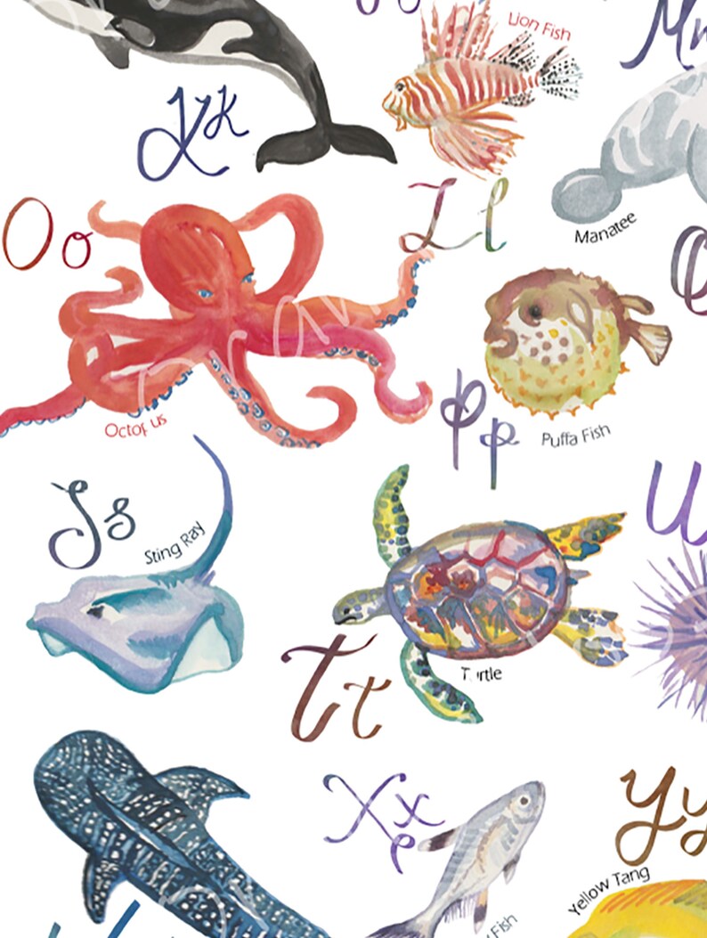 Sea Animals Alphabet Print, A-Z Sea Creatures, Nursery Art, Kids ...