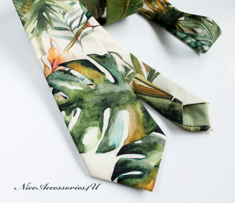 Tropical Print Green Tie for Men. Beach Wedding Skinny Necktie. Palm ...