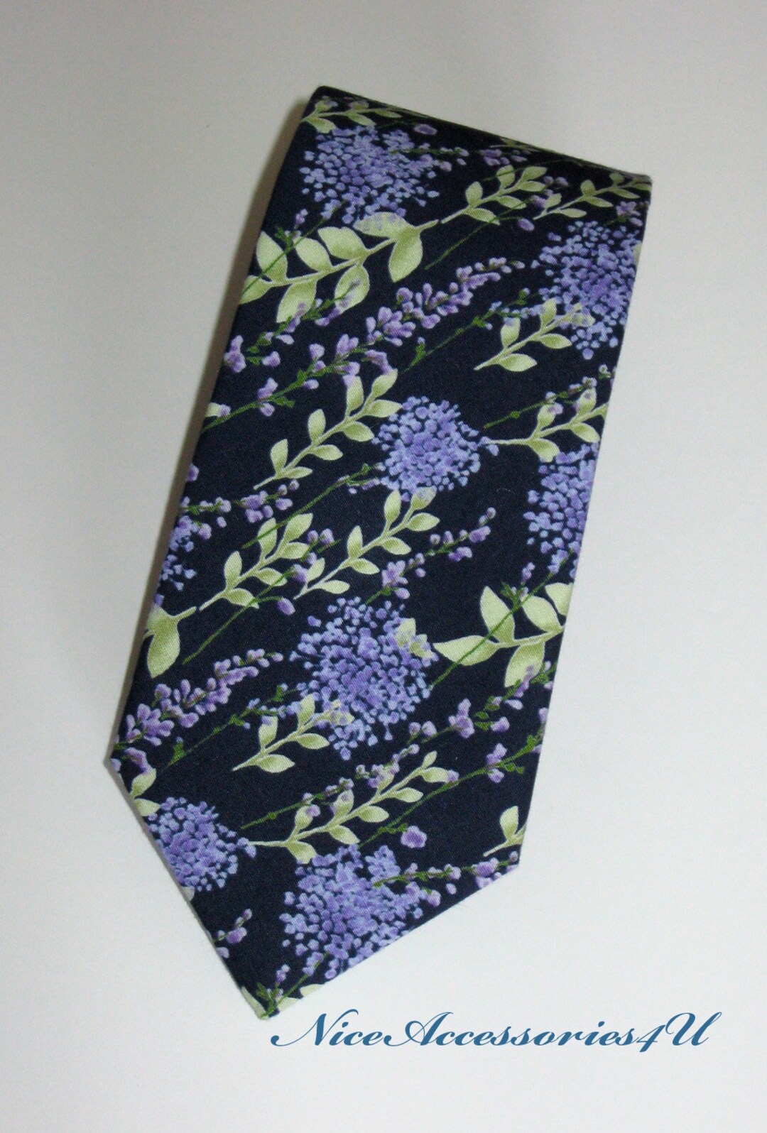 Navy & Lavender Floral Wedding Necktie for Men. Slim Cotton Tie. Purple ...