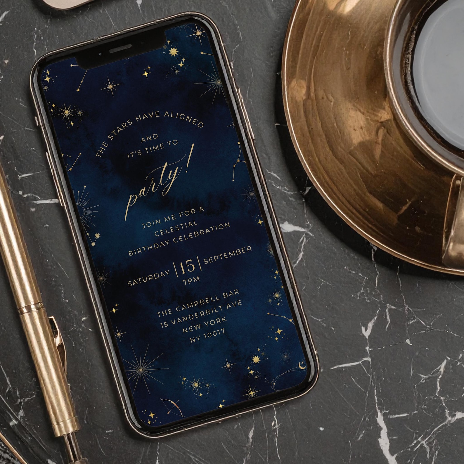 Editable Celestial Party Invitation – Navy & Gold Digital Birthday ...