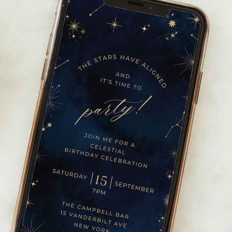 Editable Celestial Party Invitation – Navy & Gold Digital Birthday ...