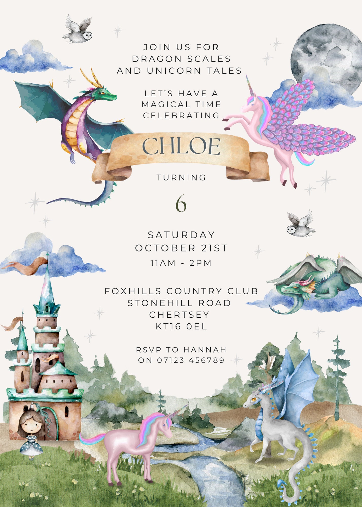 Printable Dragon & Unicorn Birthday Party Invite, Digital Dragon and ...