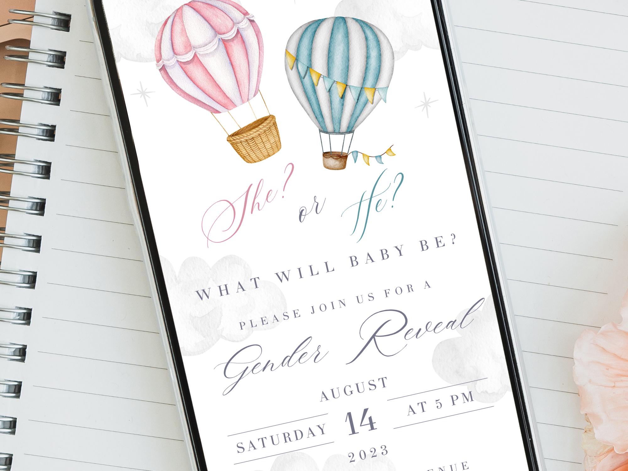 Digital Gender Reveal Invitation, Digital Hot Air Balloon Baby Shower ...