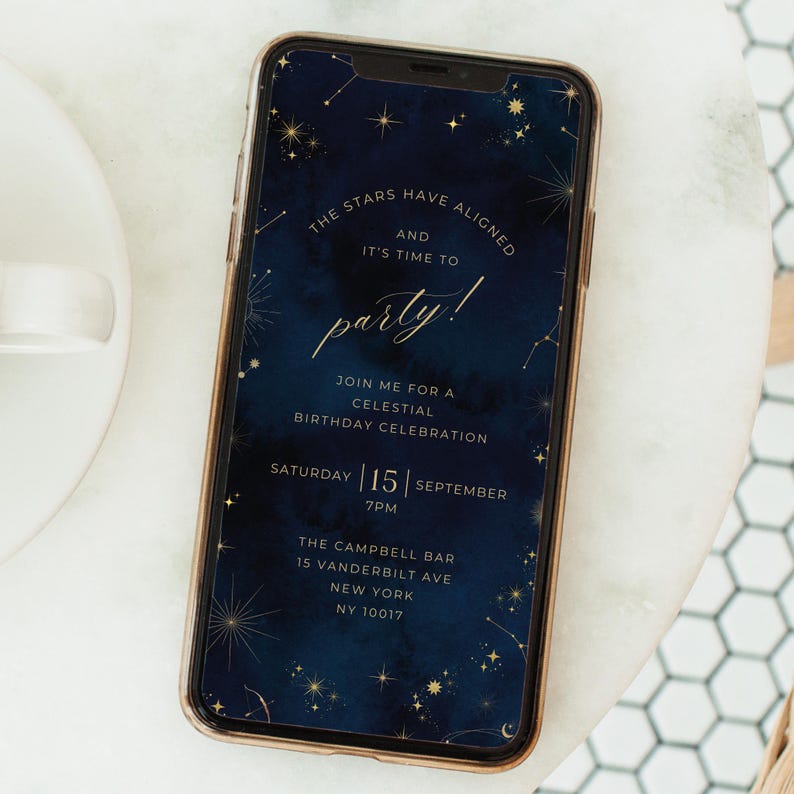 Editable Celestial Party Invitation – Navy & Gold Digital Birthday ...