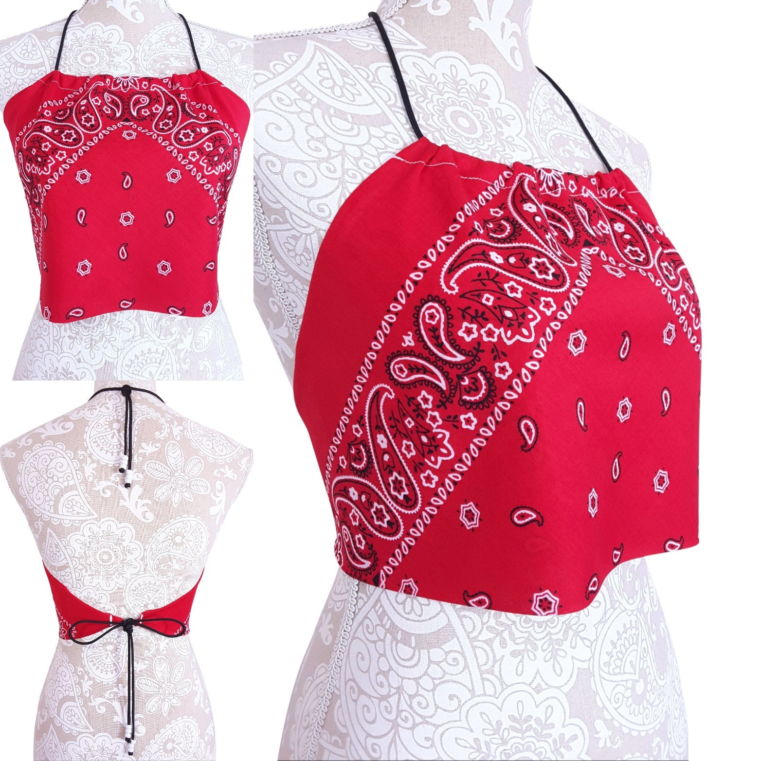 Bandana Halter Crop Top Shirt Red Blue White Black Casual Etsy