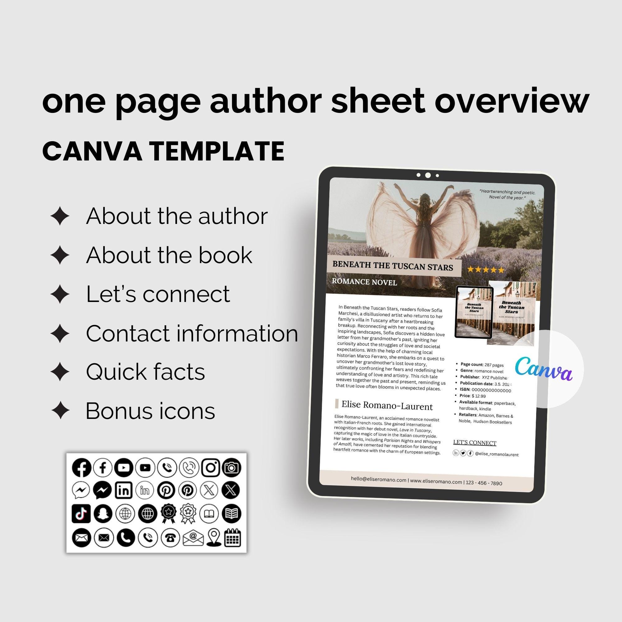 Author One Page Template Canva Author One Sheet Author Media Kit Book ...