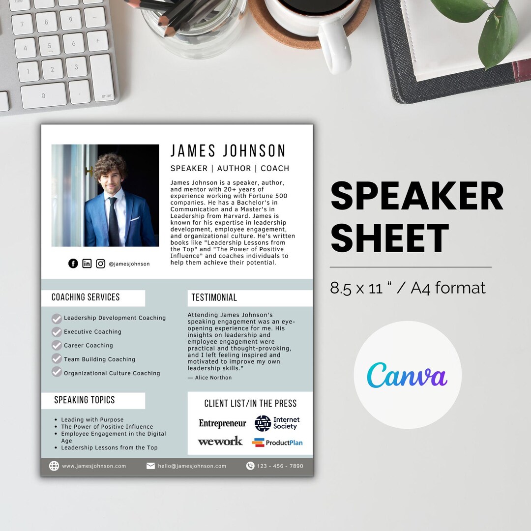 Speaker One Sheet Template Canva Speaker Sheet Keynote Speaker Media ...