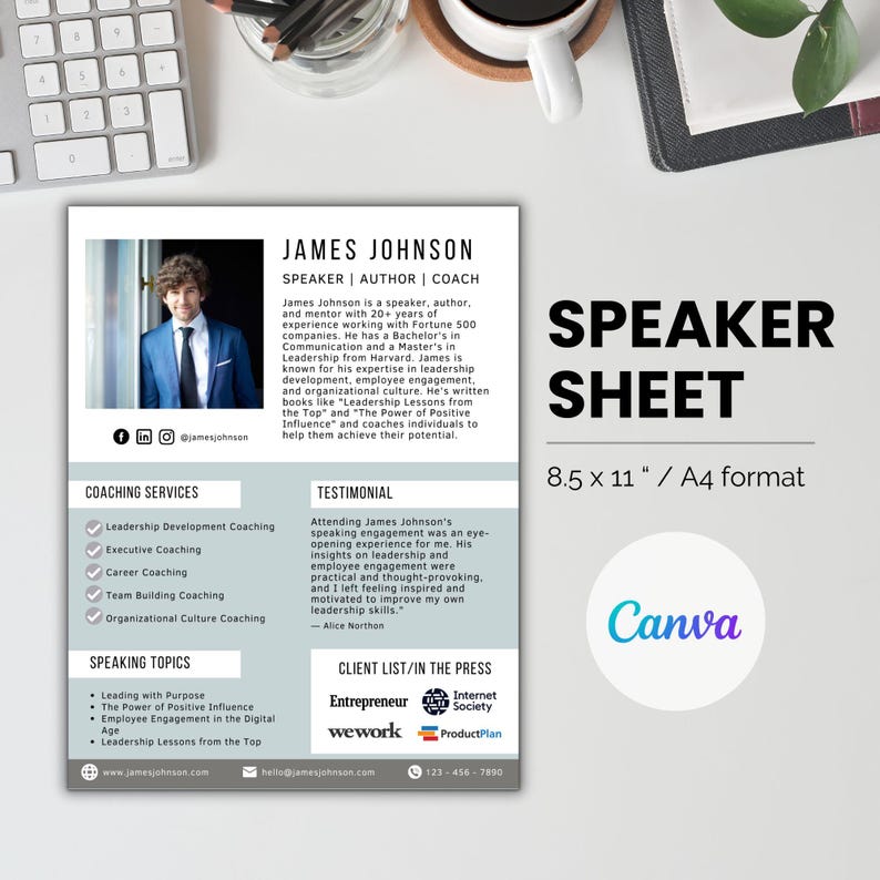 Speaker One Sheet Template Canva Speaker Sheet Keynote Speaker Media Kit Life Coach Profile ...