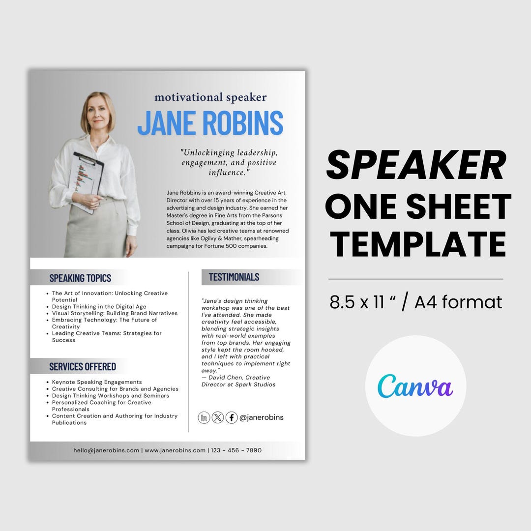 Speaker One Sheet Canva Template Keynote Speaker One Sheet Professional Speaker Bio Template ...