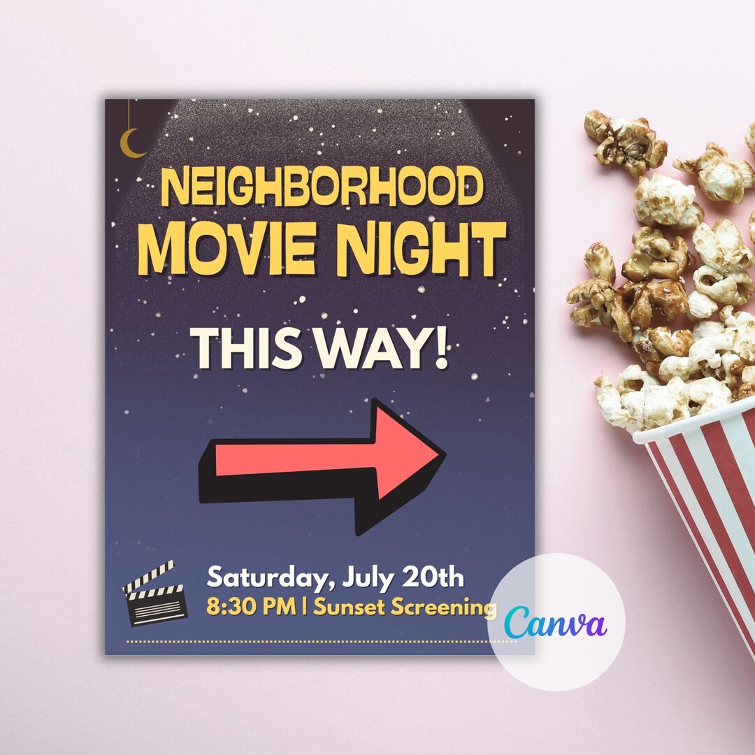 Movie Night Sign Template Canva Summer Printable Directional Arrow Sign ...