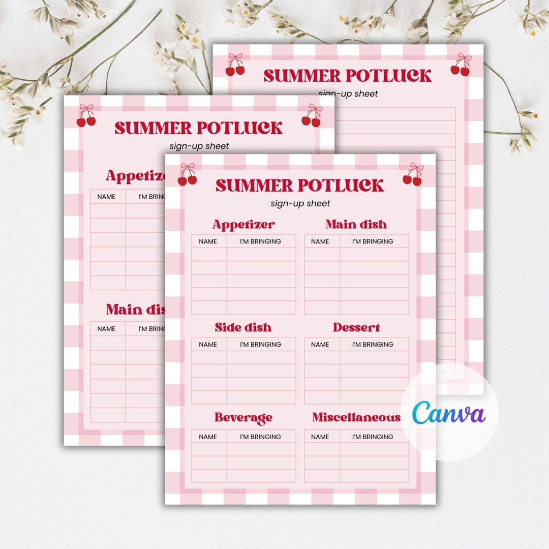 Editable Summer Potluck Sign up Sheet Canva Template Summer Party ...