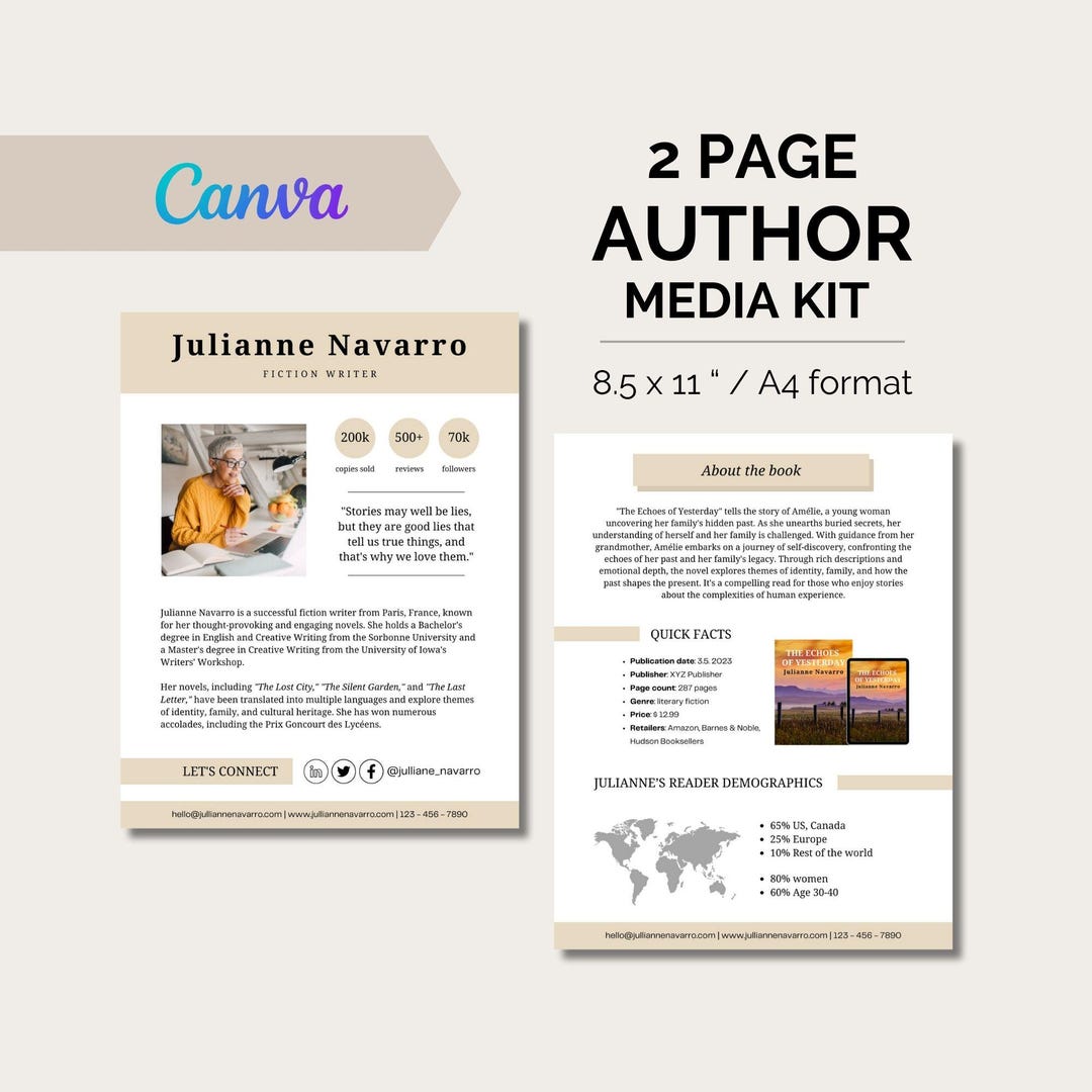 Author Press Kit Canva Template Book Launch Media Kit Writer Book Sell ...