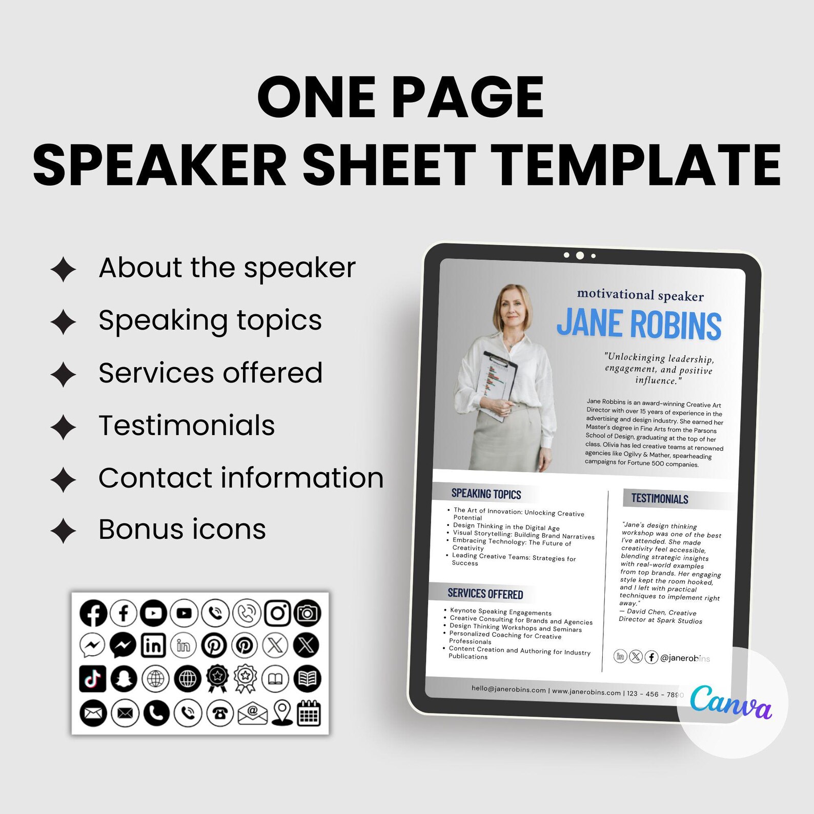 Speaker One Sheet Canva Template Keynote Speaker One Sheet Professional ...