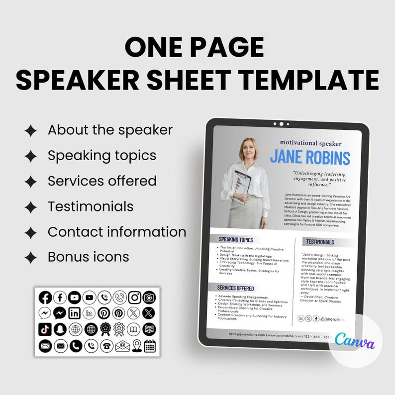 Speaker One Sheet Canva Template Keynote Speaker One Sheet Professional Speaker Bio Template ...