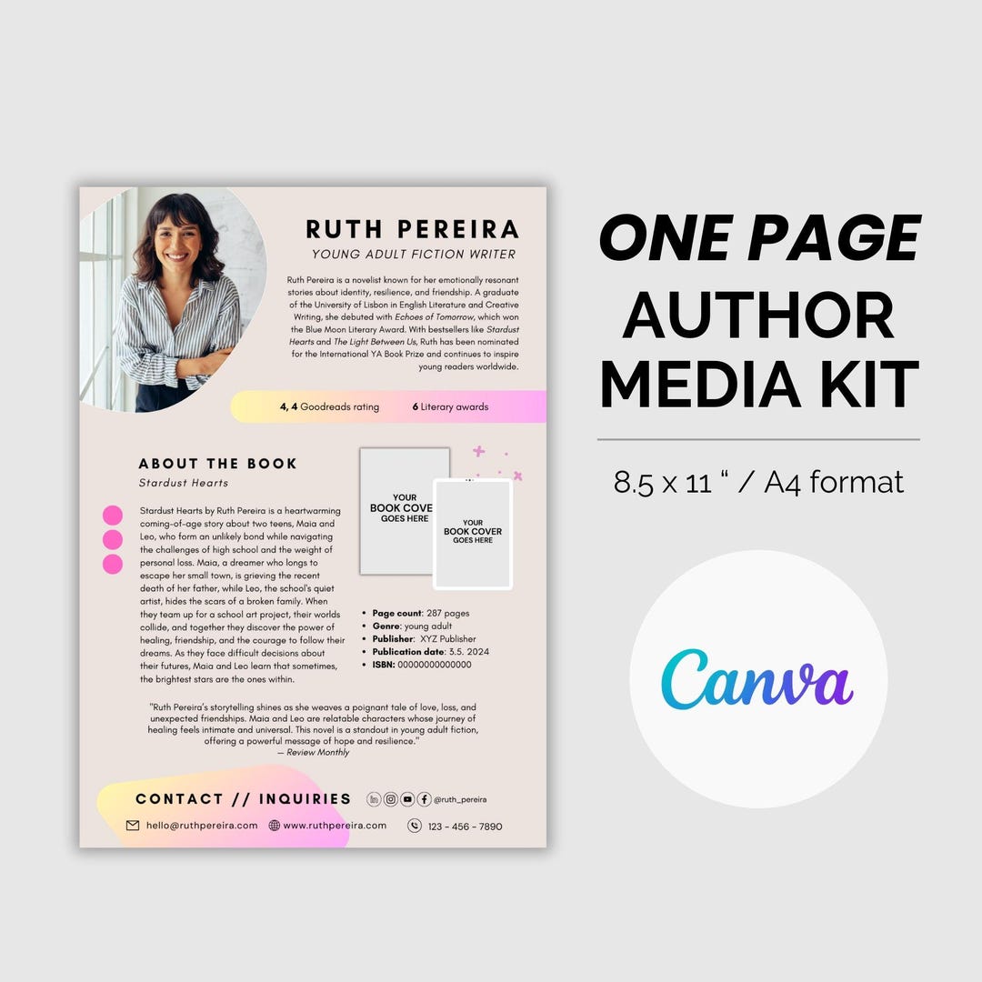 Author Media Kit One Page Press Kit Professional Bio Template Canva ...